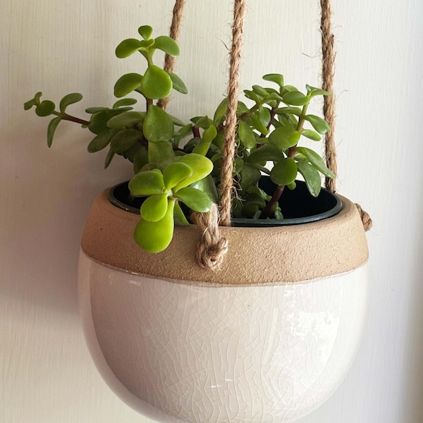 Modern Boho Ceramic Hanging Planter Pot in White and Beige - Etsy