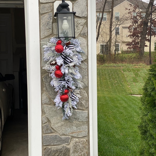 Set of 2 Flocked Pine Teardrop Swags - Faux Frosted Snow Christmas ...