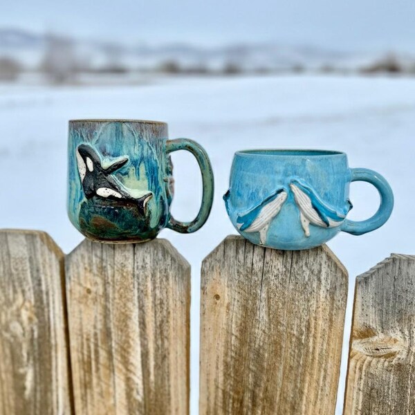Hand-thrown Orca Mug: Sculpted Orca and Sailboat, Ocean Glaze - Etsy