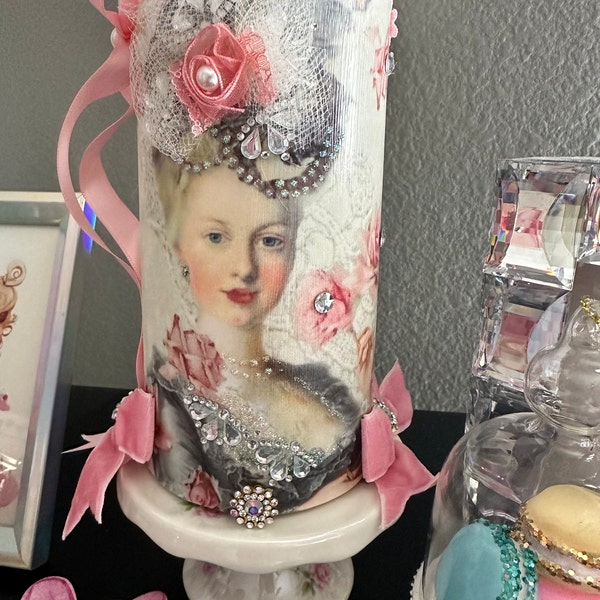 Shabby Pink Rose Flameless Candle, Decorated Wax Candle, Vintage Pink ...