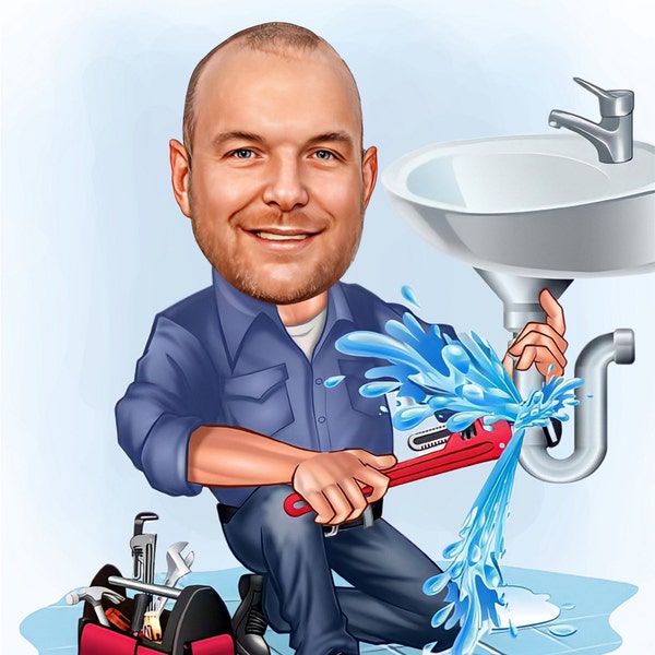 Cartoon Plumber Portrait, Plumber Gifts, Plumbing Gift for Dad ...