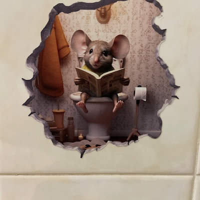 Mouse Sitting on Toilet in Mouse Hole Decal Mouse Hole 3D Wall Sticker ...