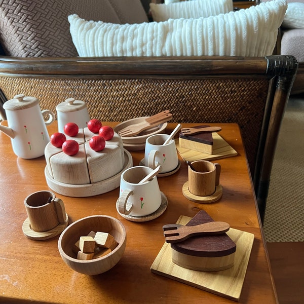 Wooden Tea Set for Kids, Wooden Play Kitchen Accessories, Pretend Play ...