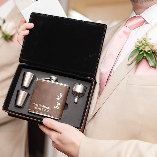 Personalized Groomsman Flasks, Leather Wrapped, Rustic Gold, Best Man ...