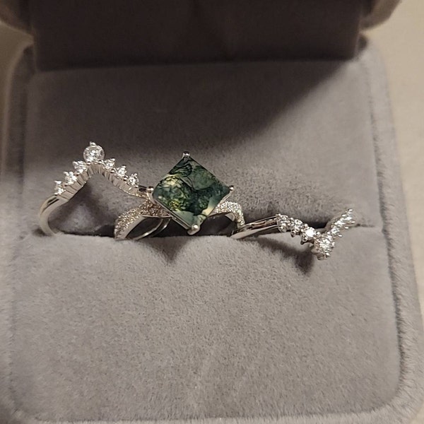3PCS Princess Cut Moss Agate Engagement Ring, Platinum Moss Agate ...
