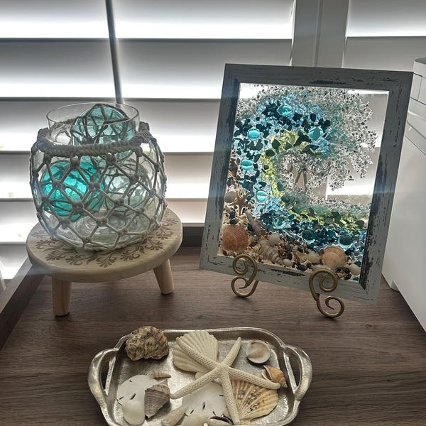 Seashell Sandbar Coastal Sea Glass Art, Ocean Glass Art, Coastal Window ...