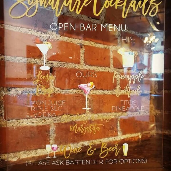 Bar Menu Signature Cocktails Custom Clear Glass Look Acrylic Wedding ...