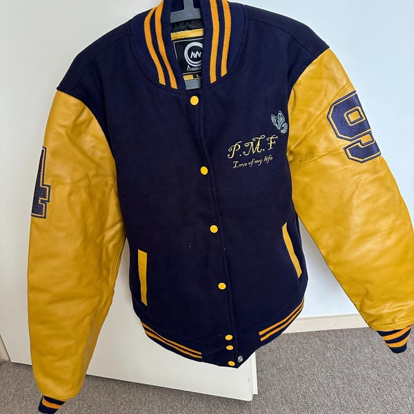 Varsity Jacket in Black Wool and Genuine Grey Leather Sleeves for ...