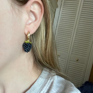 Beaded Raspberry Earrings With Gold or Silver Huggie 3D Handmade Glass ...