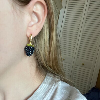 Beaded Raspberry Earrings With Gold or Silver Huggie 3D Handmade Glass ...