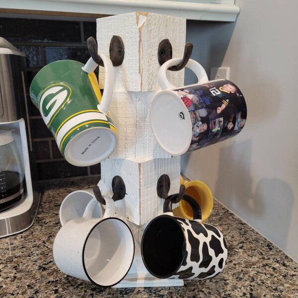 Farmhouse Coffee Mug Tree, Wooden Cup Holder, Kitchen Display Stand ...