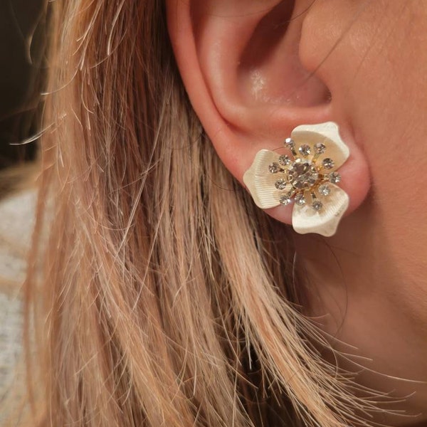 Floral Crystal Metal Leaf Bridal Studs • Silver & Gold Wedding Earrings ...