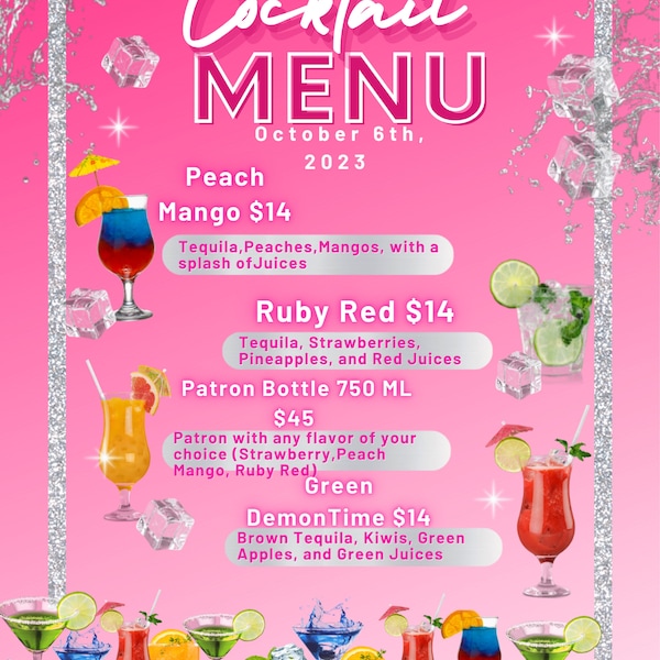 Cocktail Menu Flyer, DIY Flyer Template Design, Bar Menu Sign Flyer ...