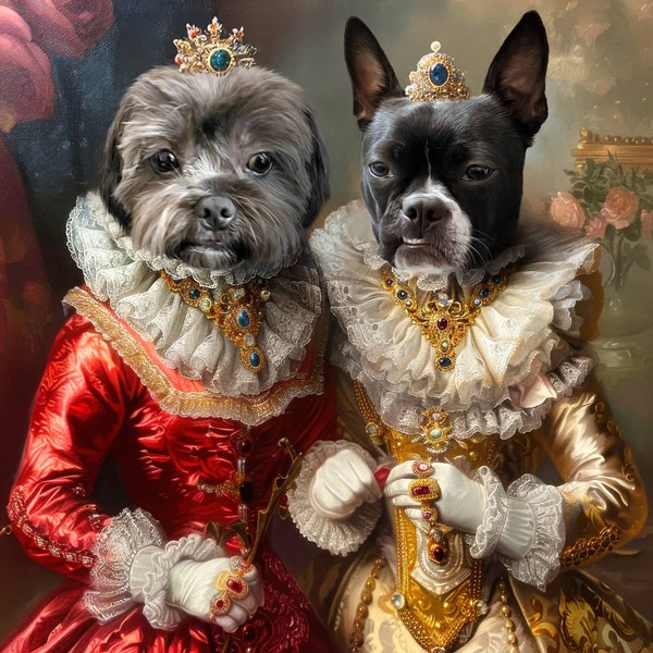 Custom Pet Renaissance Portrait, Two Pet Portrait, Queen and King Pet ...