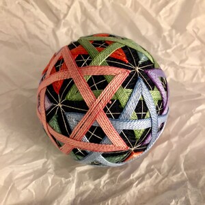Japanese Temari Ball Handmade 4 Red Kiko Flowers on Black 5 Inch ...