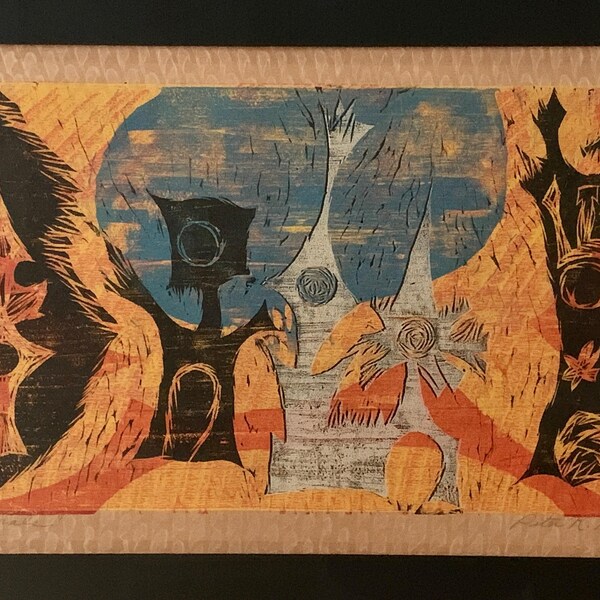 Original Vintage Color Woodblock Print Titled "ancient Mountain City ...