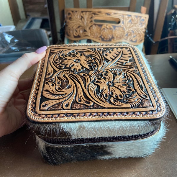 COWHIDE JEWELRY BOX | Storage Travel Case | Leather Tooled Leather ...