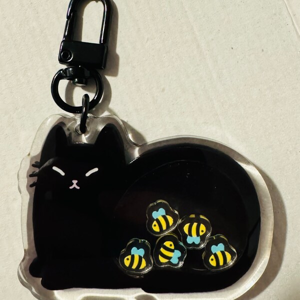 Black Cat With Bees, Cute Animal, Interactive Shaker Acrylic Charm ...