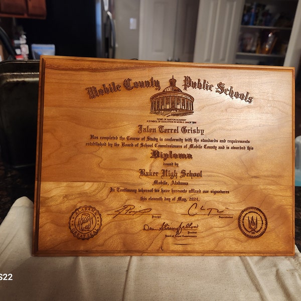 Laser Engraved Diploma Certificate, Graduation Gift, Custom Engraved ...