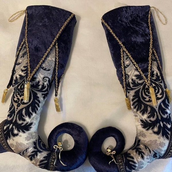 Navy Blue & Gold Brocade Elf Toe Stocking With Gold Trim - Etsy