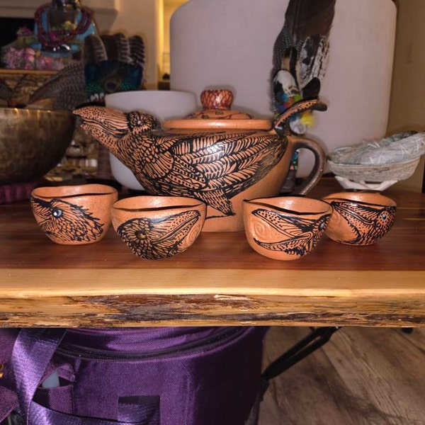 Raven Cacao-teapot Set With 4 Tea Bowls Mica Magic Clay From New Mexico ...