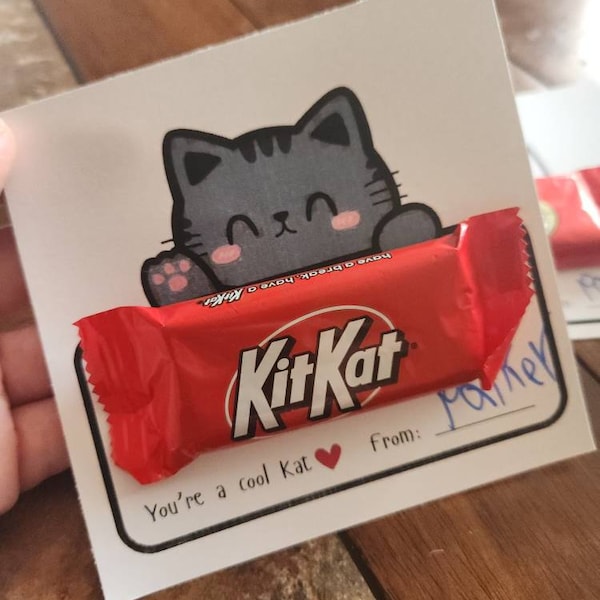 Printable Cat Valentine Favor Tag – Kitkat Candy Treat, Classroom ...
