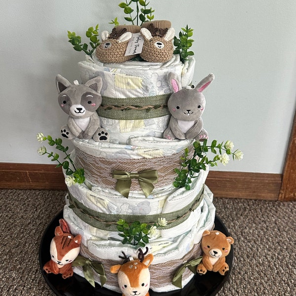 Woodland Animals Diaper Cake, 3 Tier Forest Themed Diaper Cake ...