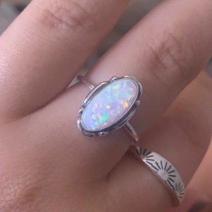 Long Oval White Fire Opal Ring/ Sterling Silver/genuine 925/solid Band ...