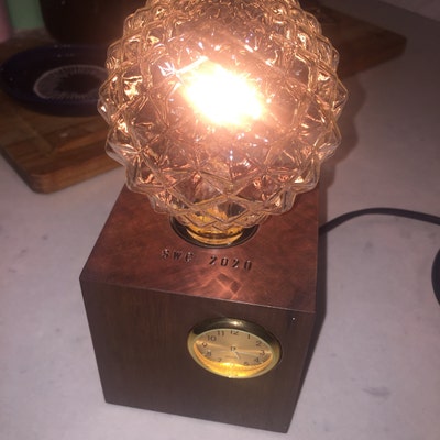Wooden Table Lamp With Clock Small Mid Century Nightstand - Etsy