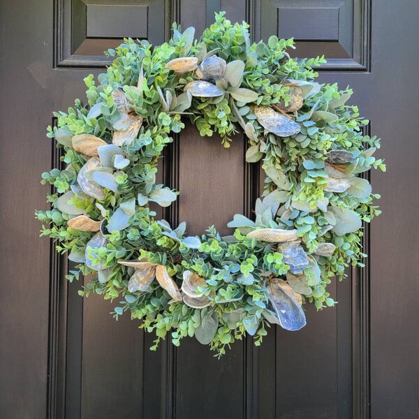 Coastal Wreath for Front Door, Oyster Shell Wreath, Spring Wreath ...