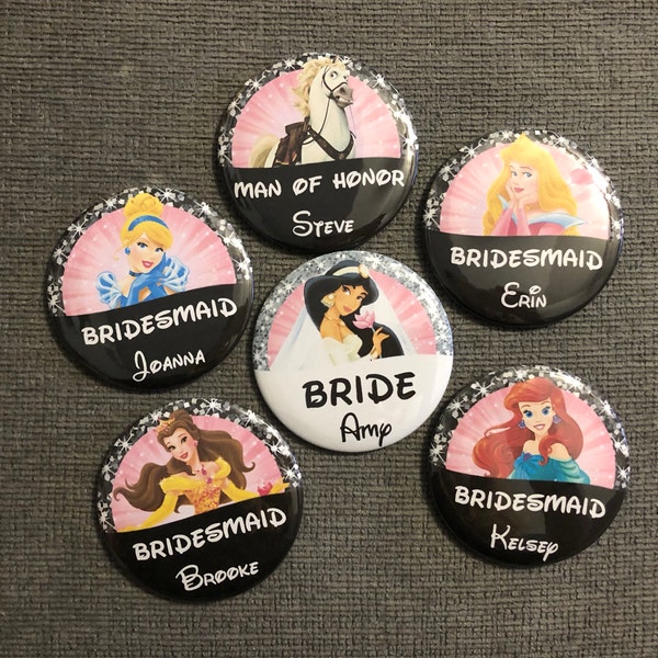Disney Wedding Party Buttons-princess Wedding Buttons-disney Bridesmaid ...