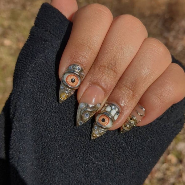 3D Flower With Seashell French Tip Long Almond Press on Nails, Unique ...