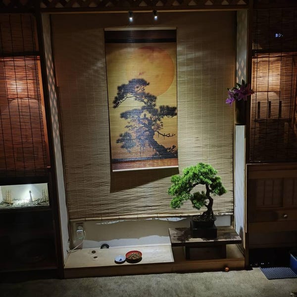 Four Panel Room Divider Japandi Pine Tree Canvas Wood Asian Folding ...