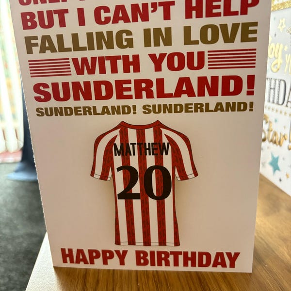 Personalised Sunderland Style Birthday Card, Personalise Name & Number ...