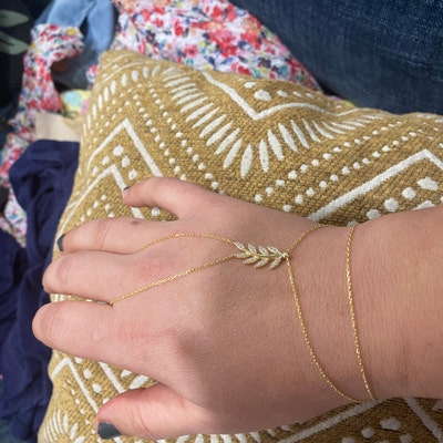 CZ Leaf Hand Chain Bracelet, Silver Wrap Bracelet, Adjustable Bracelet ...