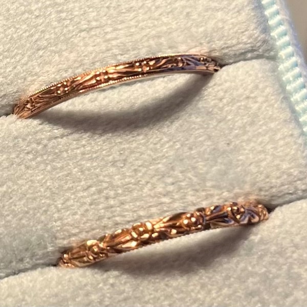 Thin Carved Flower Wedding Band With Migrain, 1.8 Mm Wide Staking Band ...