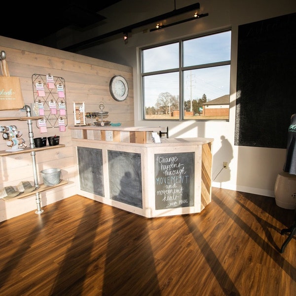 Vertical Oak Wood Slats Counter, Wood Retail Counter With One Shelf ...