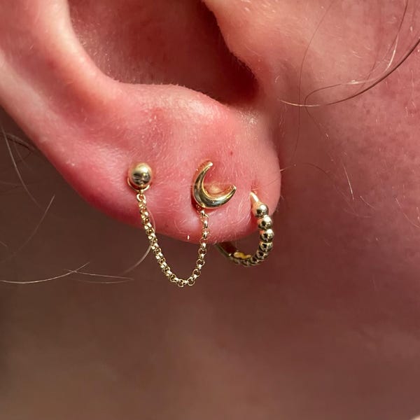 14K Solid Gold Triple Chain Attachment, Double Chain Piercing, Loop ...