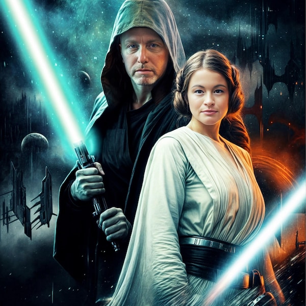 Personalized Jedi Couple Portrait, Custom Sci-fi Couple Art, Galaxy ...