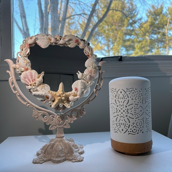 Handcrafted Seashell Vanity Mirror: Heart Shape, Coastal Decor, Pearls ...