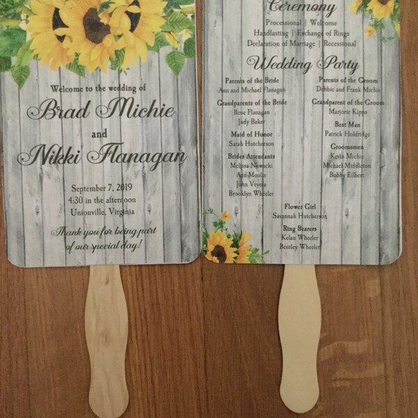 Rustic Wedding Program Fans Assembled - Sunflower and Wood Collection ...