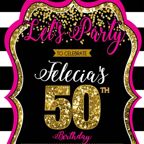 Hot Pink, Black and Gold Invitation, Hot Pink Gold Glitter Milestone ...