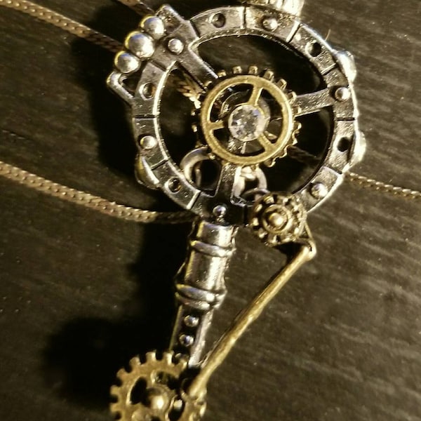 Steampunk Skeleton Key Pendant Gear Key Mixed Metal Antiqued Silver ...