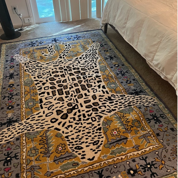 Leopard Pattern Rug Red & Blue Stunning Carpet Animal Print Rug for ...