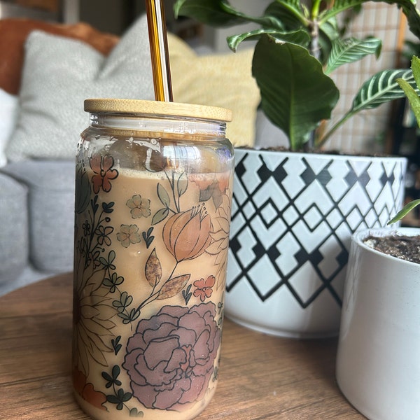 Fall Floral Glass Can Cup, Iced Coffee Cup, Smoothie Glass, Fall Cup ...