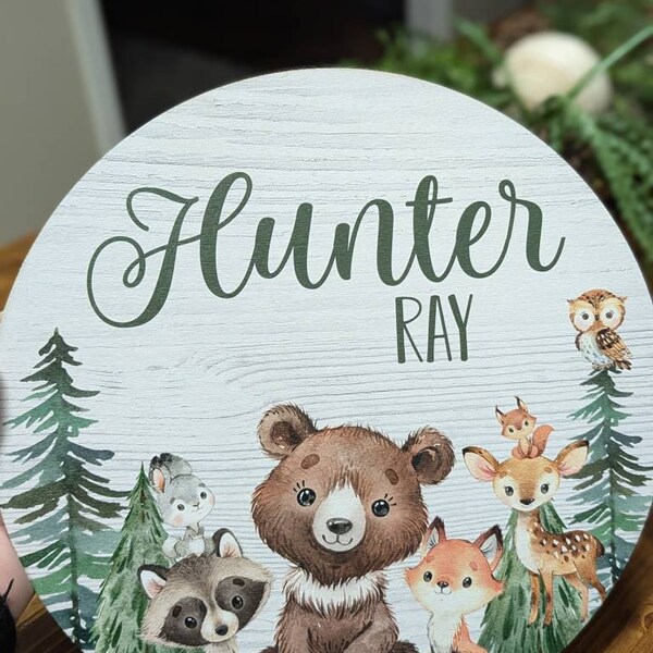 Woodland Animal Name Sign, Woodland Nursery Baby Sign, Round Wood Name ...
