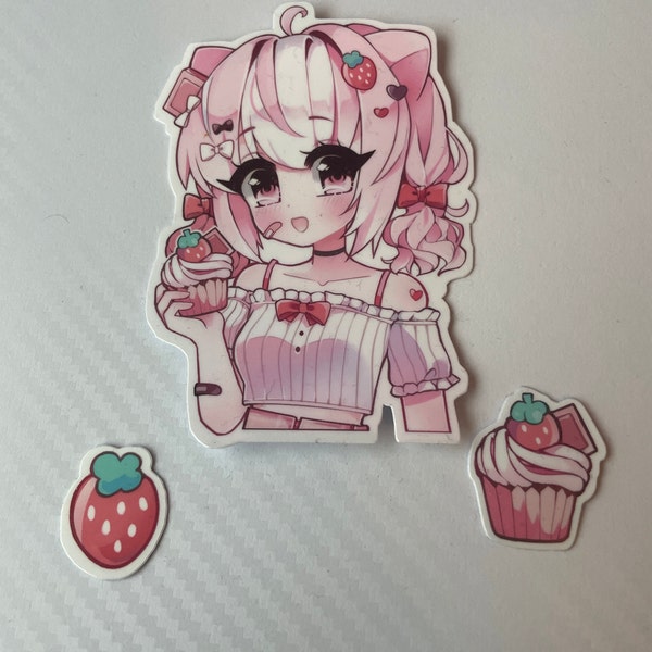 Pink Strawberry Cupcake Anime Girl Waterproof Vinyl Sticker Pack ...