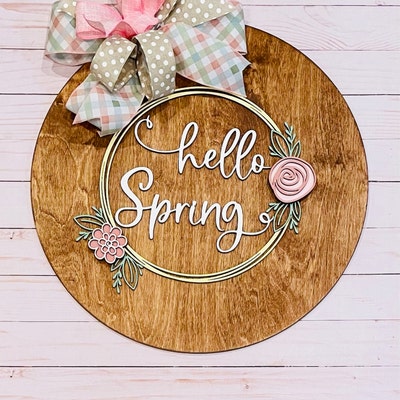 Hello Spring Flower Wreath Sign, Round Door Hanger Svg, Glowforge Laser ...