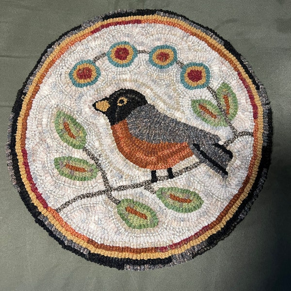 Rug Hooking KIT, Robin Chair Pad or Table Mat 14" Round, K118, Robin ...