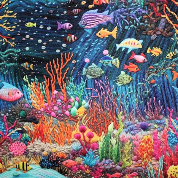 Embroidery Effect Underwater Scene Seamless Pattern, Fish and Saline ...